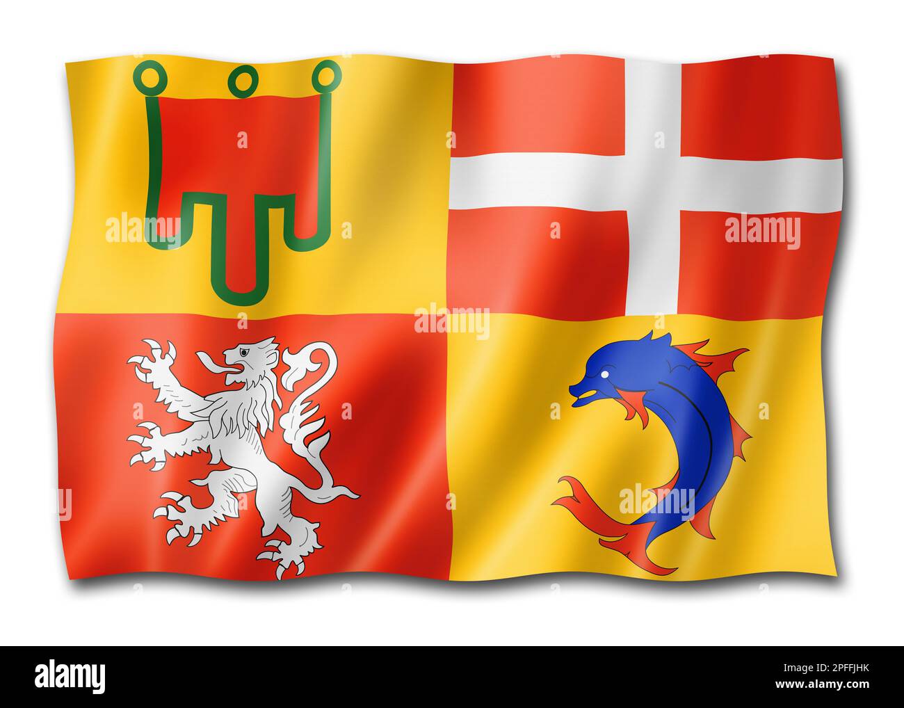 Auvergne-Rhone-Alpes Region flag, France waving banner collection. 3D ...