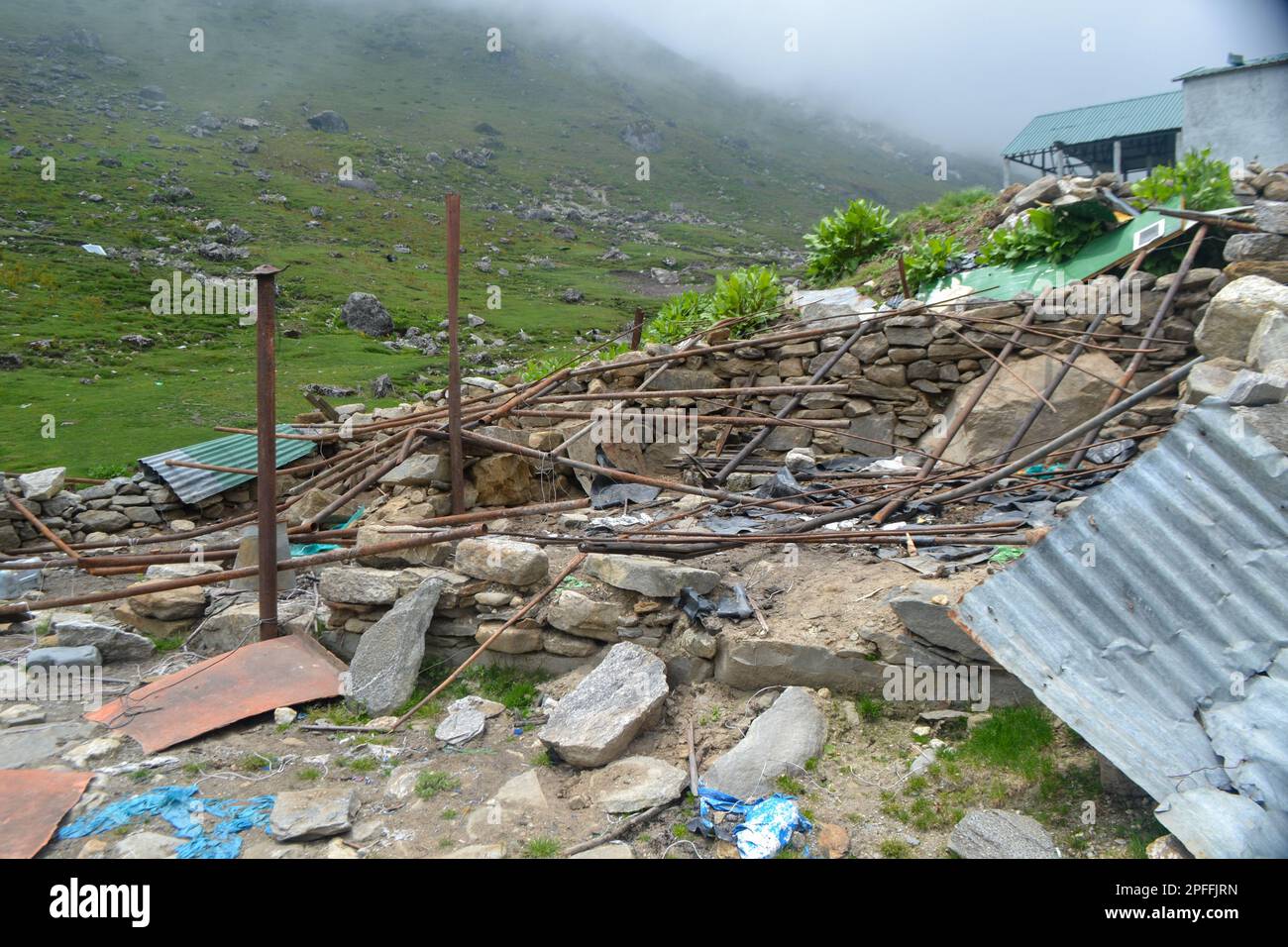 Damaged building, pathway, sheds in Kedarnath disaster India. Kedarnath ...