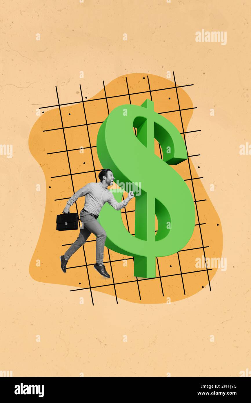 Artwork magazine collage picture of smiling purposeful guy running ...