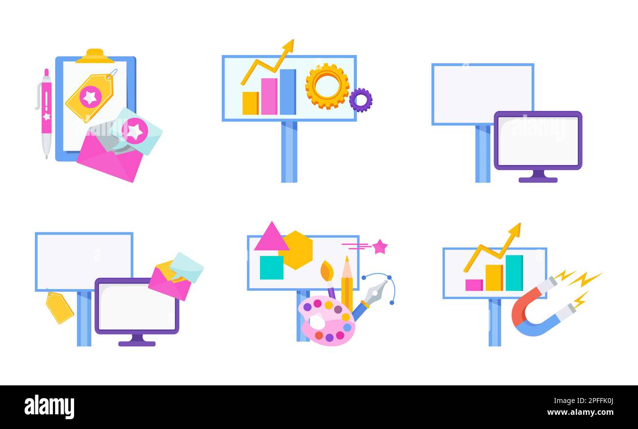 Advertising and promotion icons set. Promotion strategy. Digital ...