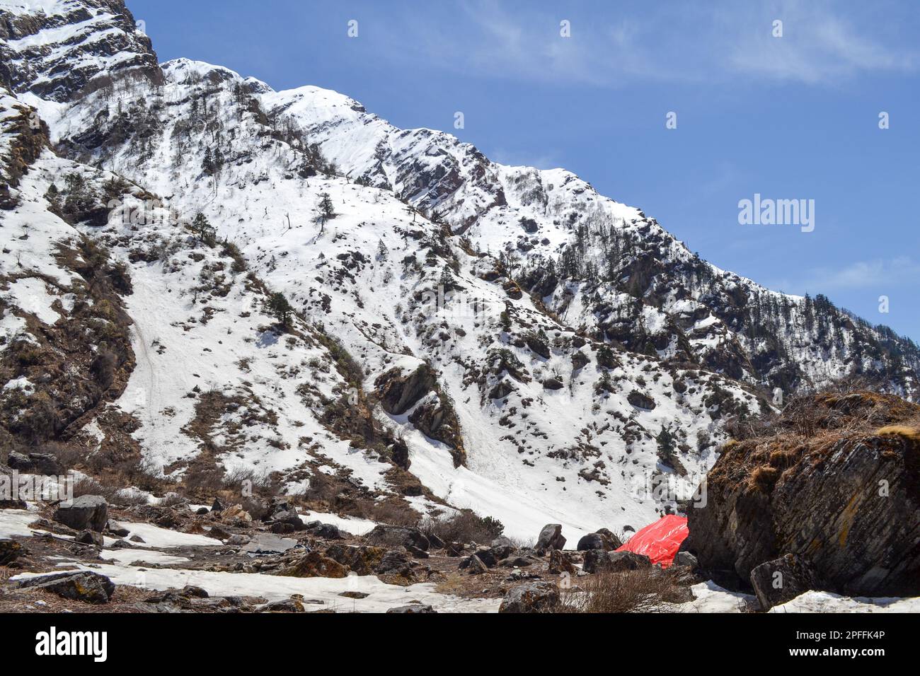 Snow-covered mountain peaks in Himalaya India. The Great Himalayas or ...