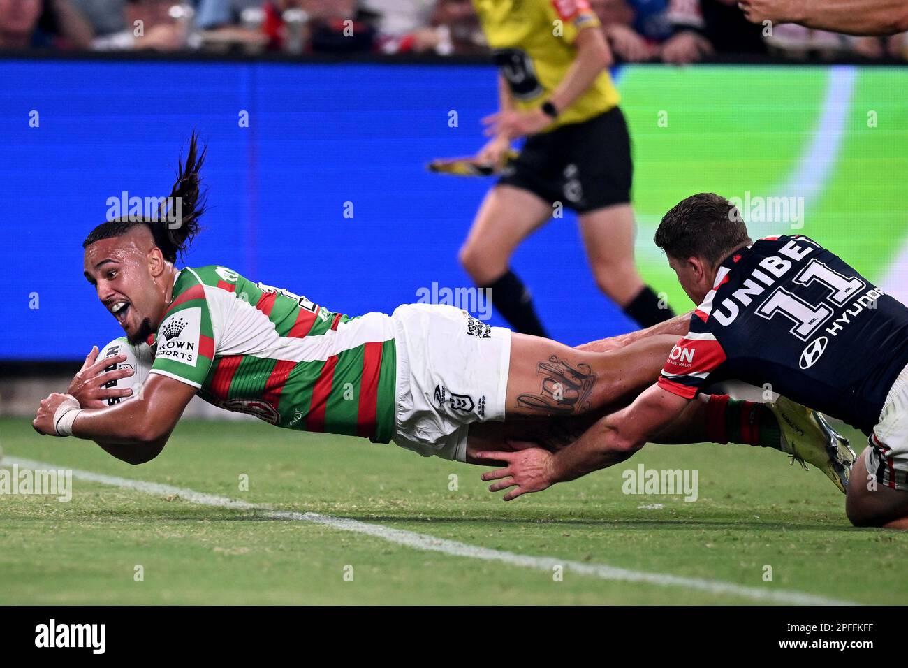 Keaon Koloamatangi of the Rabbitohs scores a try during the Round 3 NRL ...