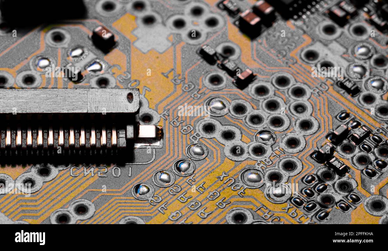 Macro Close up of printed wiring and components on PC circuit board ...