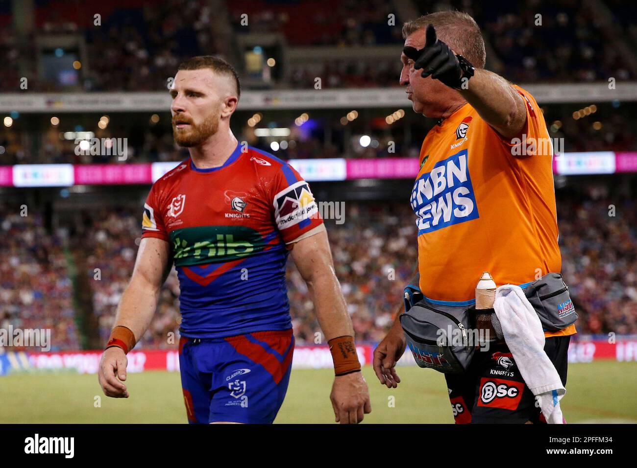 Jackson Hastings of the Knights leaves the field for a HIA during the ...