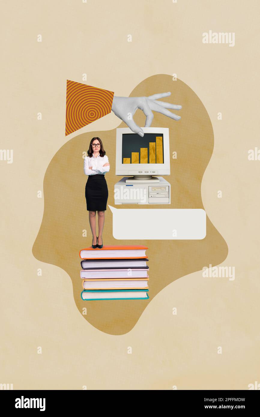 Vertical collage image of mini girl stand big pile stack book empty ...