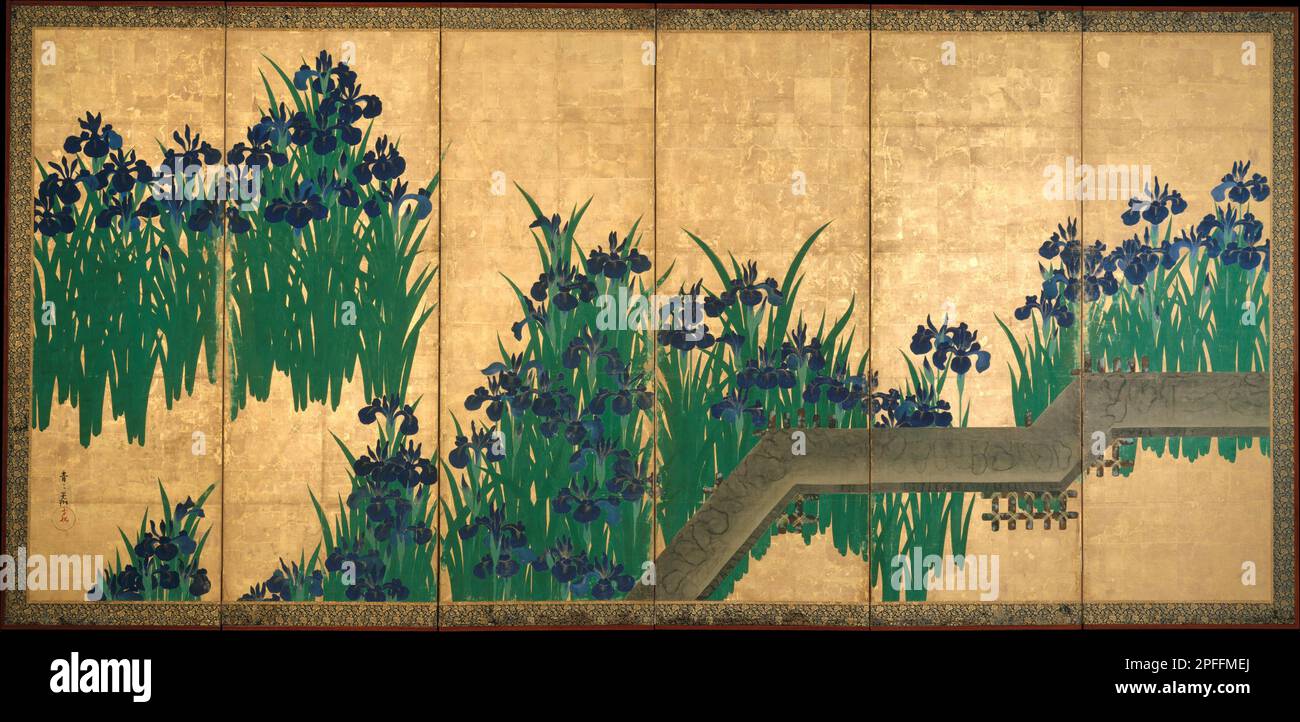 Irises at Yatsuhashi (Eight Bridges) left, Artist Ogata Kōrin (1658 ...