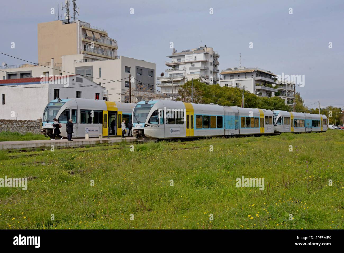 Passengers changing trains at the Hellenic Trains Agios Andreas railway ...