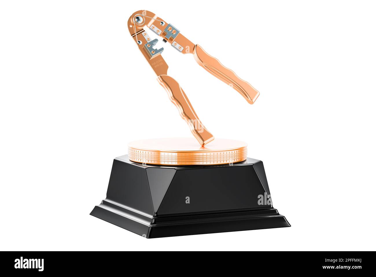 Crimper, crimp tool on the wooden table, golden award concept. 3D ...