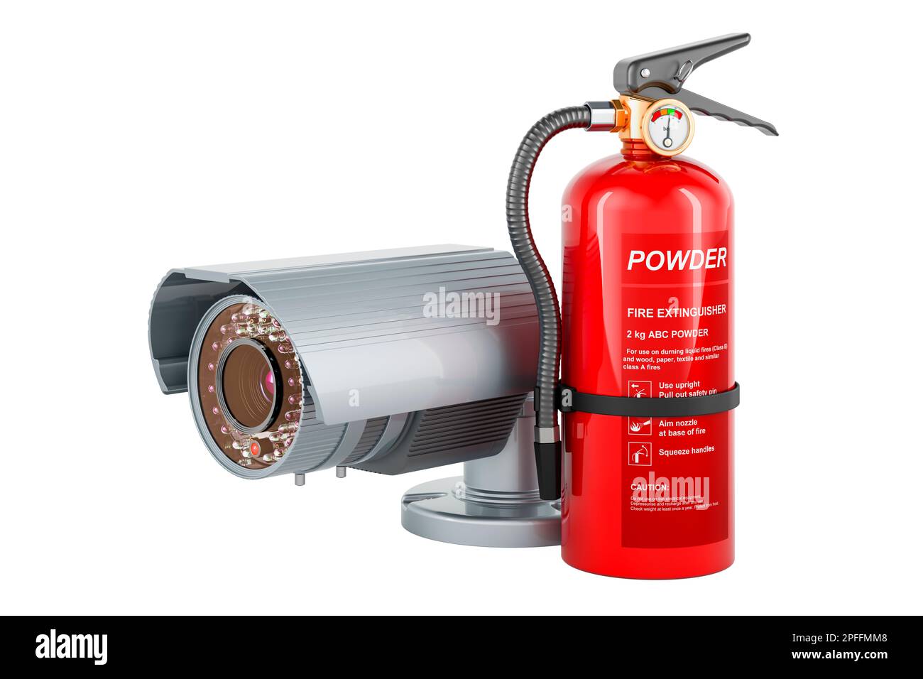Fire extinguisher with security camera. 3D rendering isolated on white ...