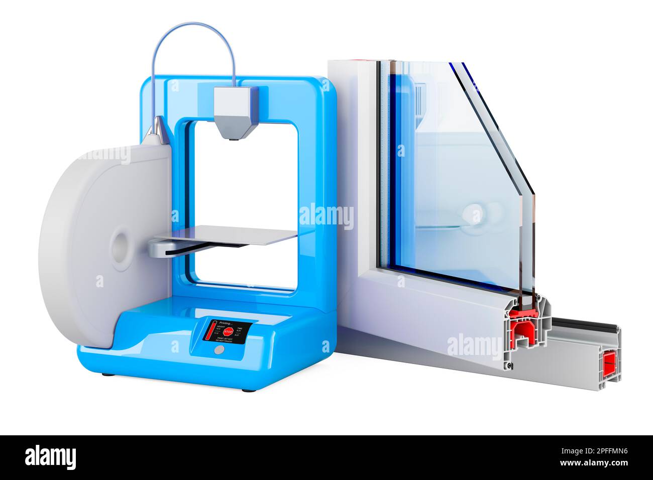 Plastic window profile with 3D printer, 3D rendering isolated on white ...