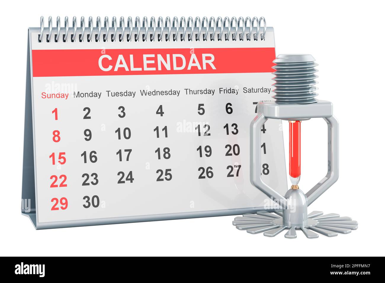 Fire Sprinkler with desk calendar, 3D rendering isolated on white ...