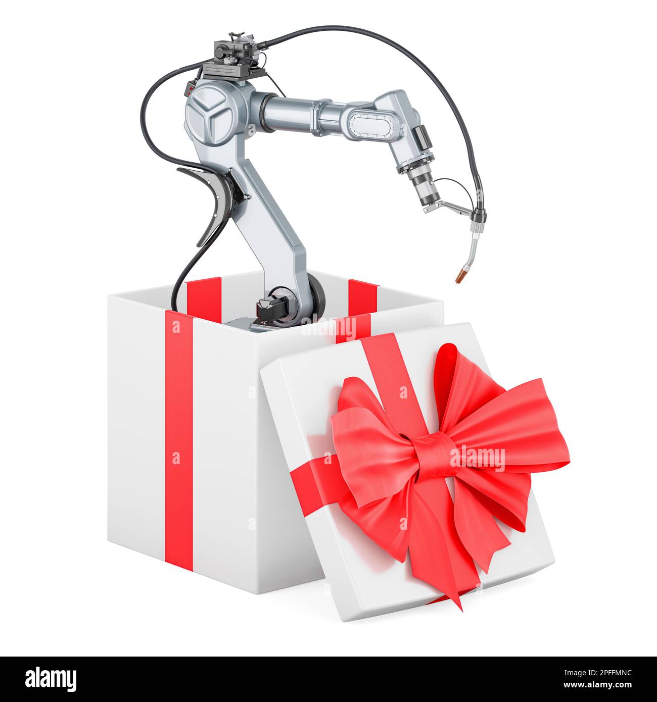 Robot welding inside gift box, present concept. 3D rendering isolated ...