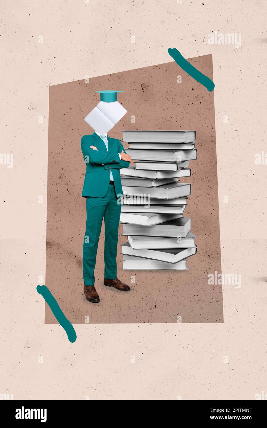 Vertical collage image of mini elegant guy crossed arms pile stack book ...