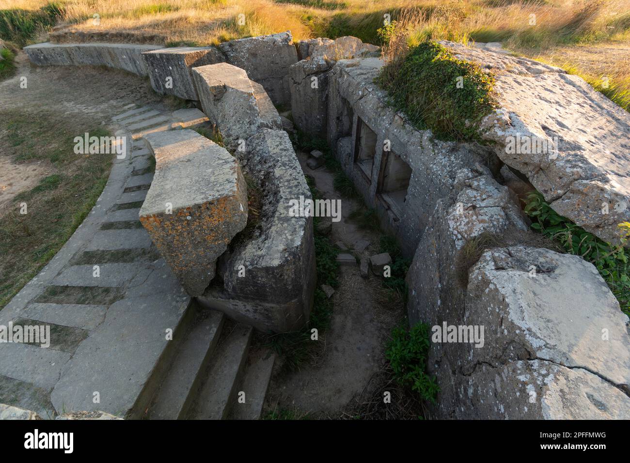 Remains of a gun pit at the Pointe du Hoc. Coast of Normandy, between ...