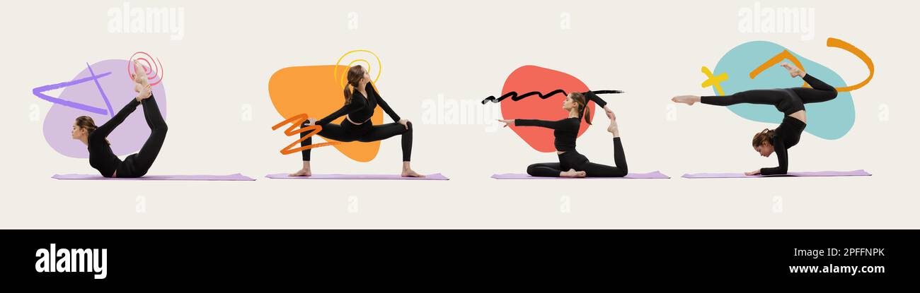 Sportive girl doing stretching exercises. Contemporary art collage ...