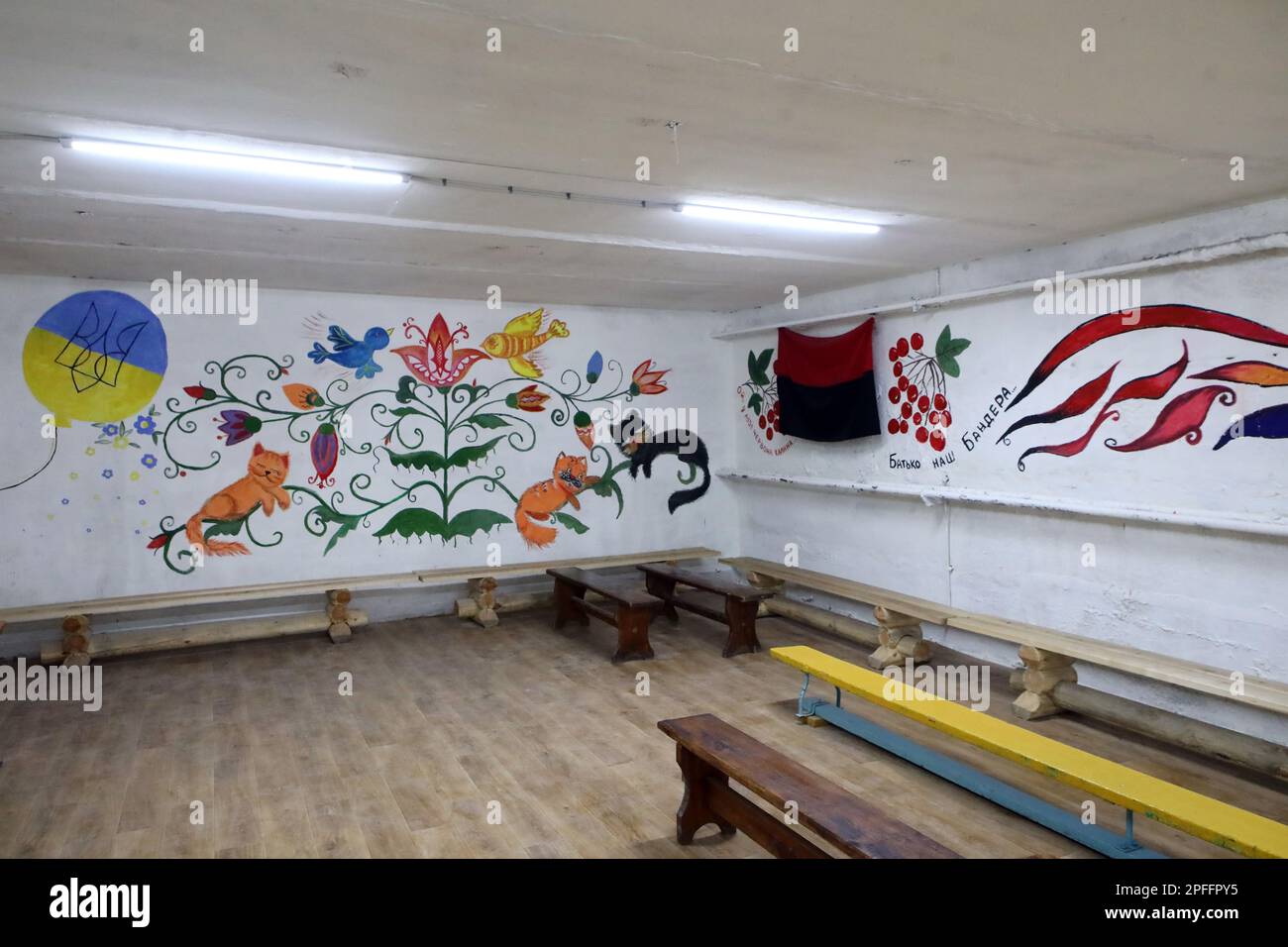 CHYHYRYN, UKRAINE - MARCH 15, 2023 - Drawings cover the walls in the ...