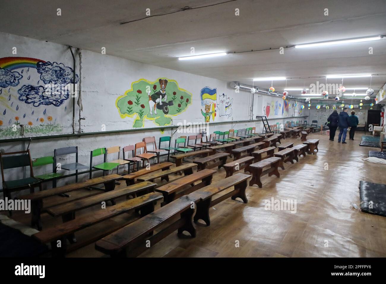CHYHYRYN, UKRAINE - MARCH 15, 2023 - Chairs and benches are seen on the ...