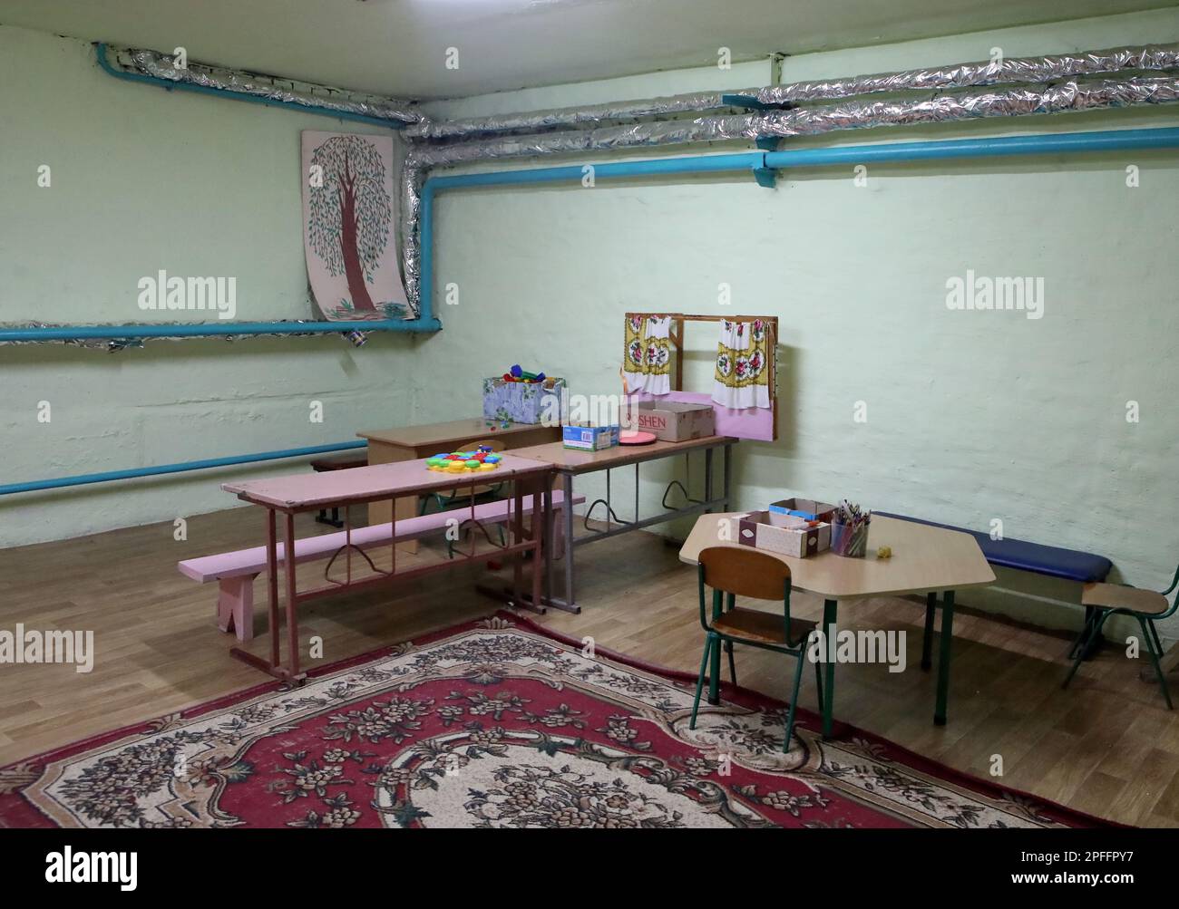 CHYHYRYN, UKRAINE - MARCH 15, 2023 - Desks are seen on the wall in the ...
