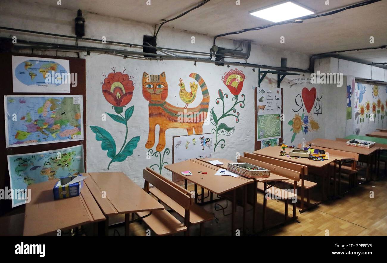 CHYHYRYN, UKRAINE - MARCH 15, 2023 - Desks, maps and drawings are ...