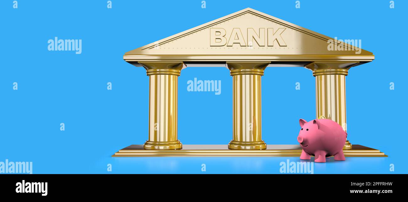 Front view of pink ceramic piggy bank standing on reflective gold ...