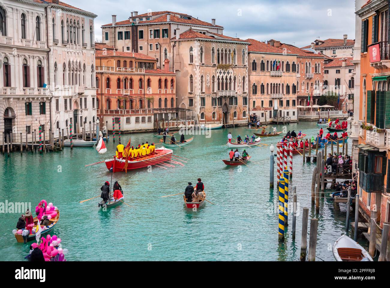 Venice, Italy, Grand canal. Venice carnival opening. Gondola boat water ...