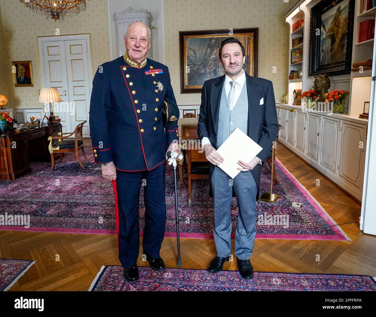 Oslo 20230316.King Harald (left) receives ambassador Solon Savva from ...