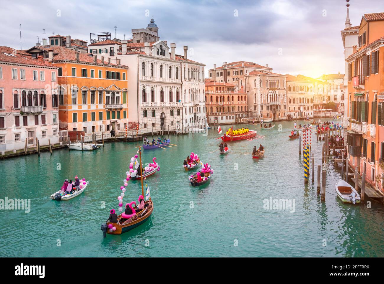 Venice, Italy, Grand canal. Venice carnival opening. Gondola boat water ...