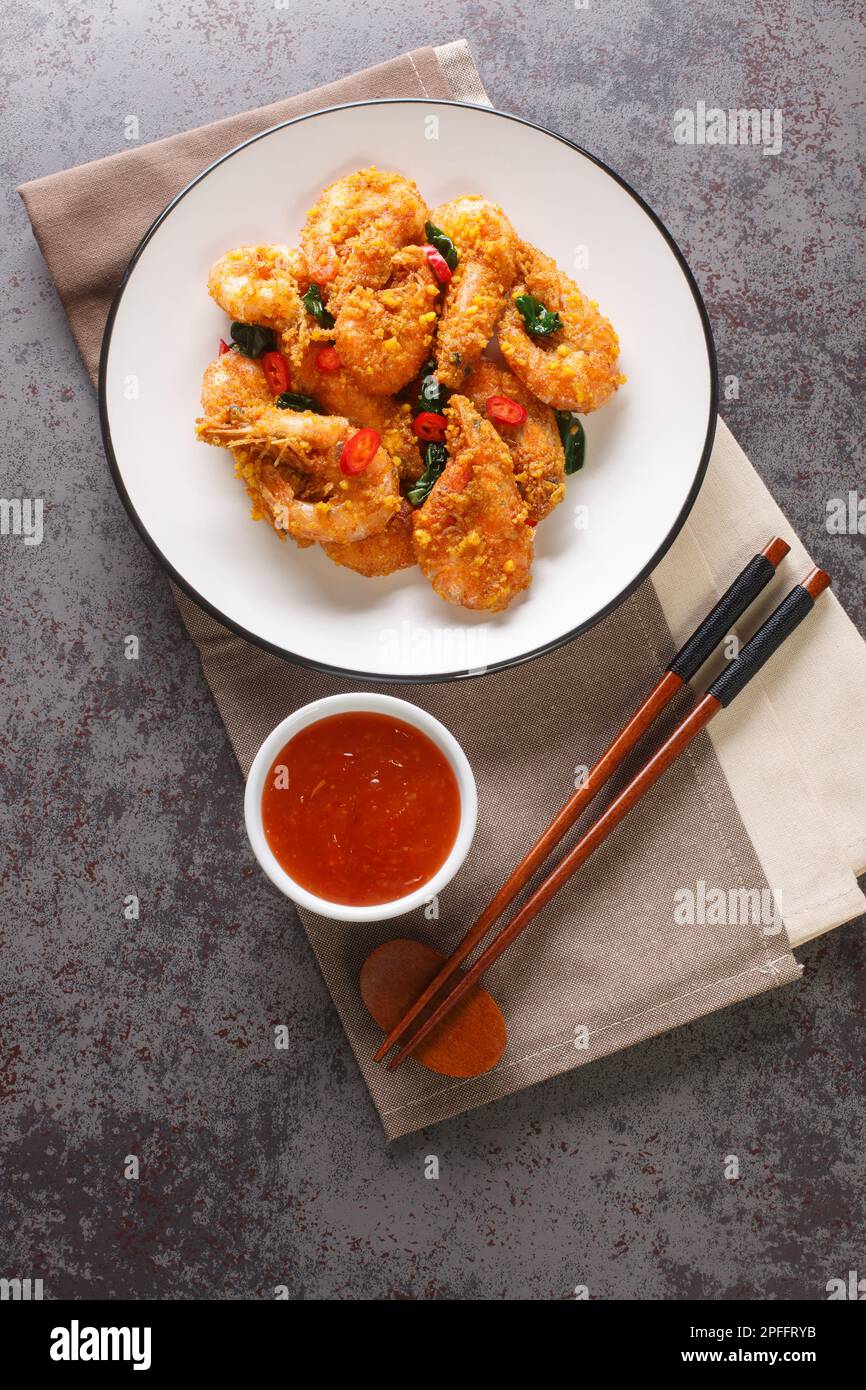 Salted Egg Prawns are rich, creamy and full of umami flavour close-up ...