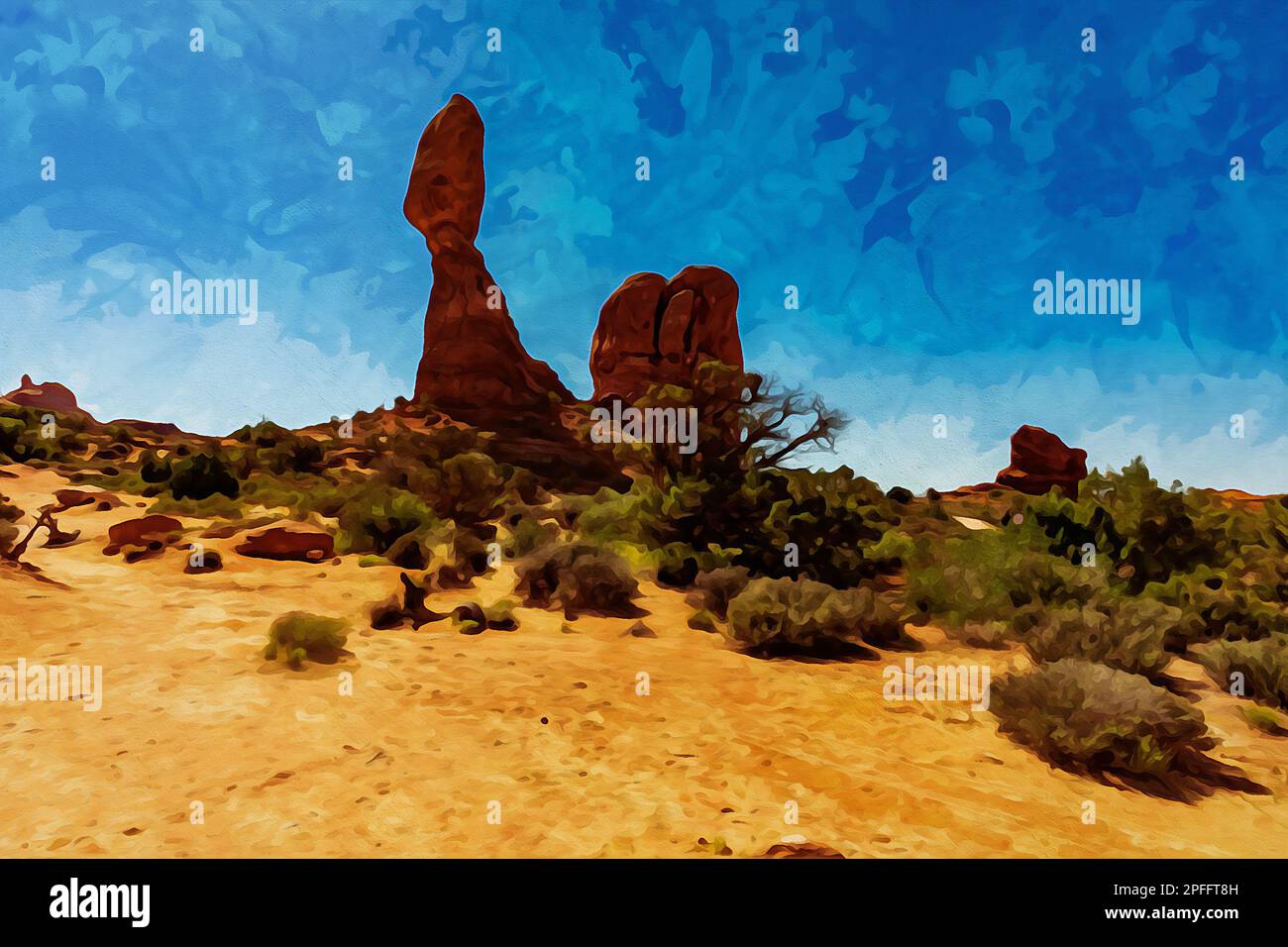 A digital watercolor of Balanced Rock, Arches NP. Vibrant colors and ...