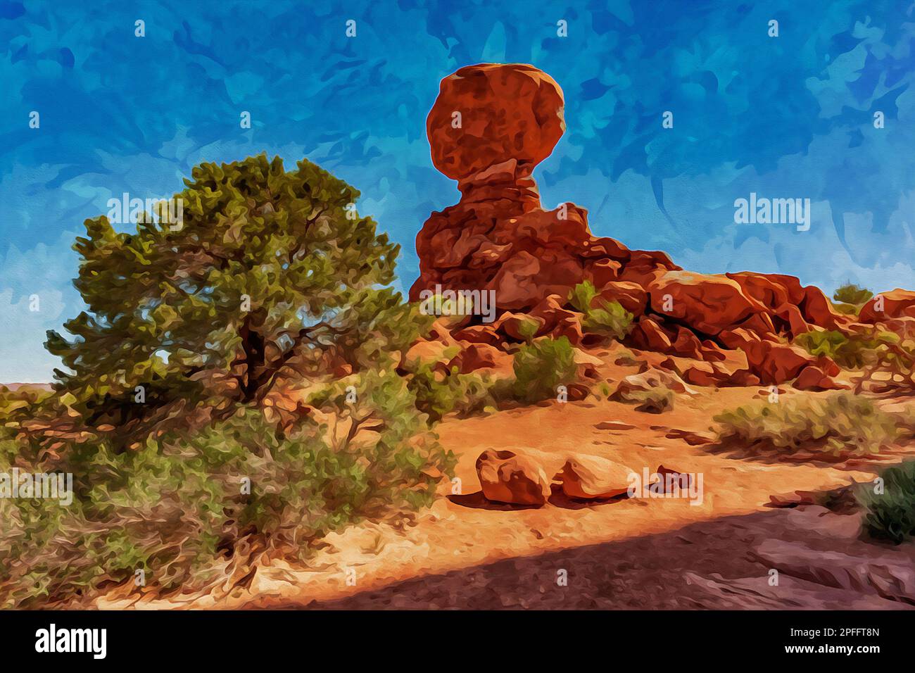 A digital watercolor of Balanced Rock, Arches NP. Vibrant colors and ...