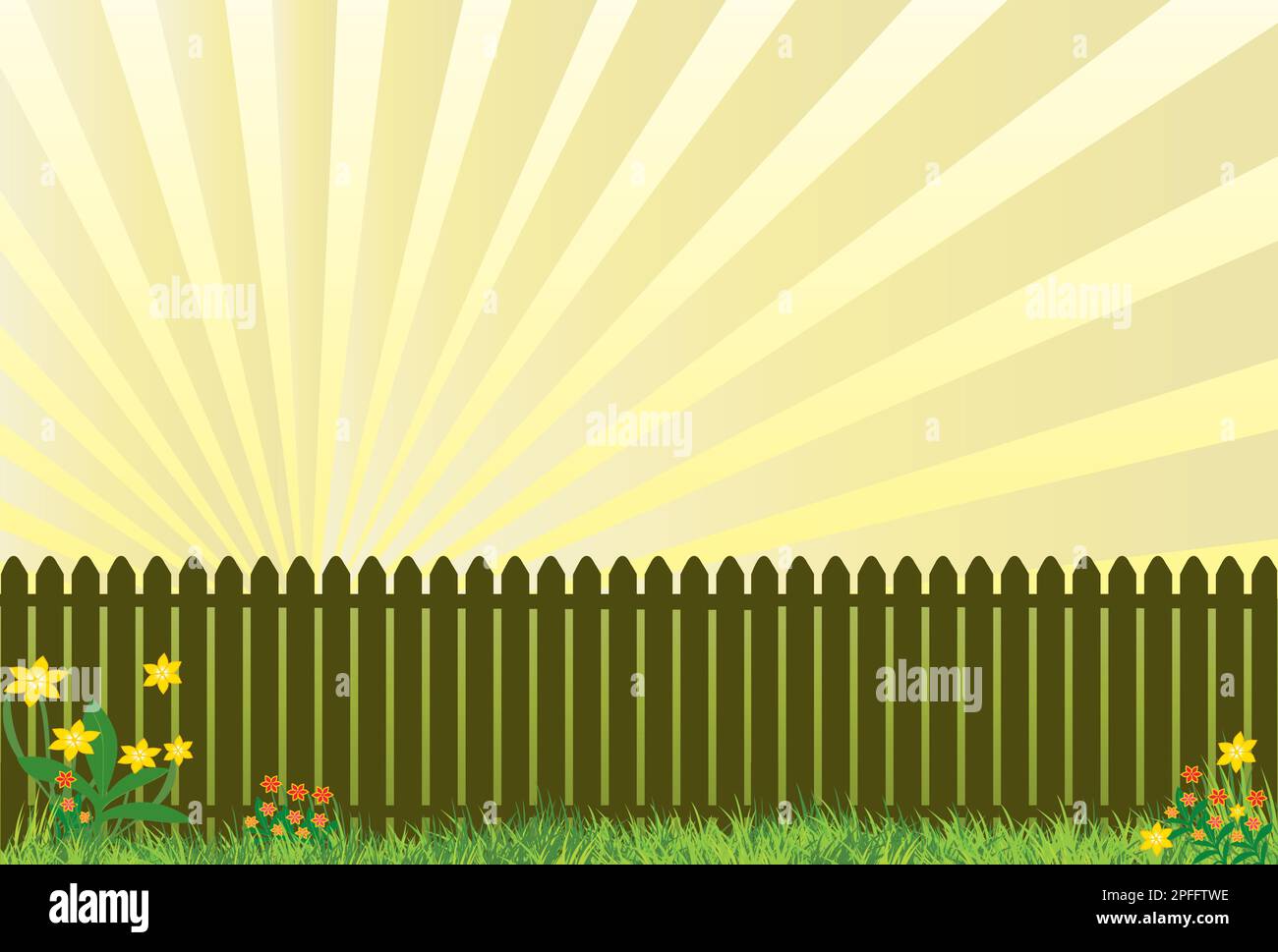 wooden fence with grass and flowers with yellow sun ray background ...