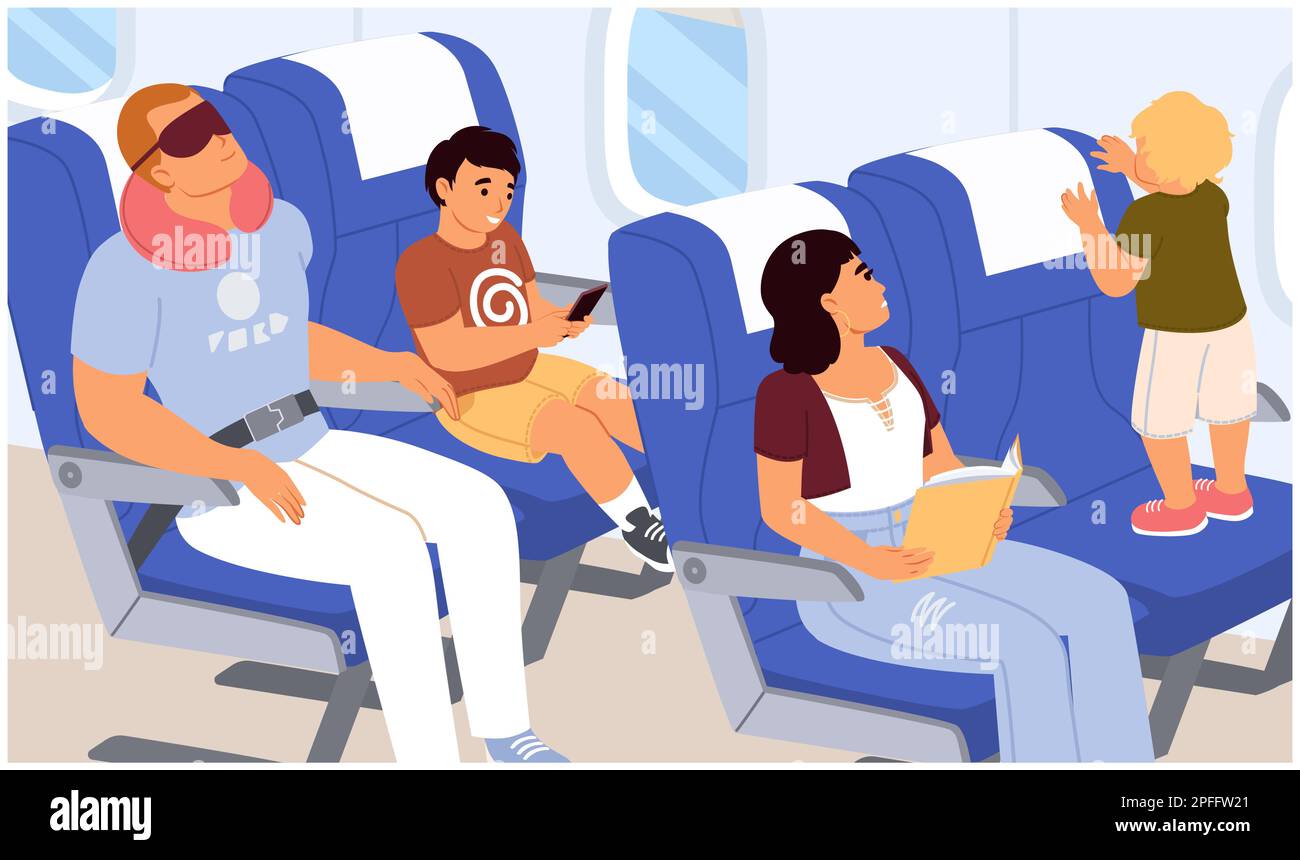 Vector flight passengers with children in plane illustration Stock ...