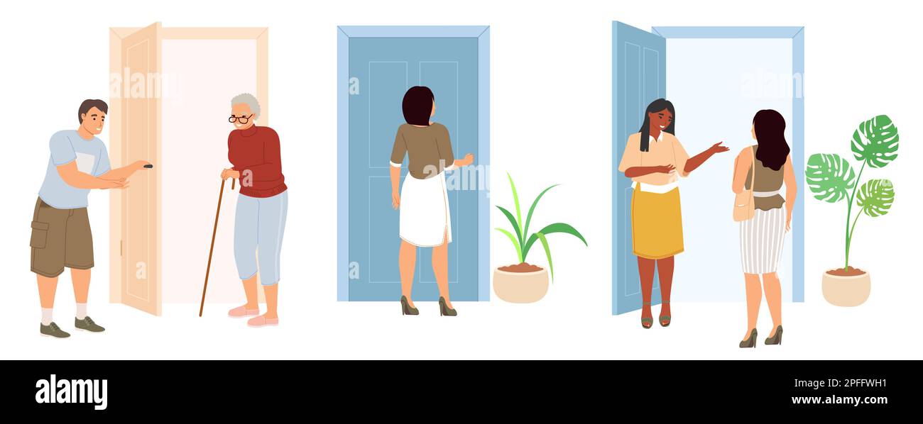 People Opening Doors Entering Exiting Scene Set Stock Vector Image