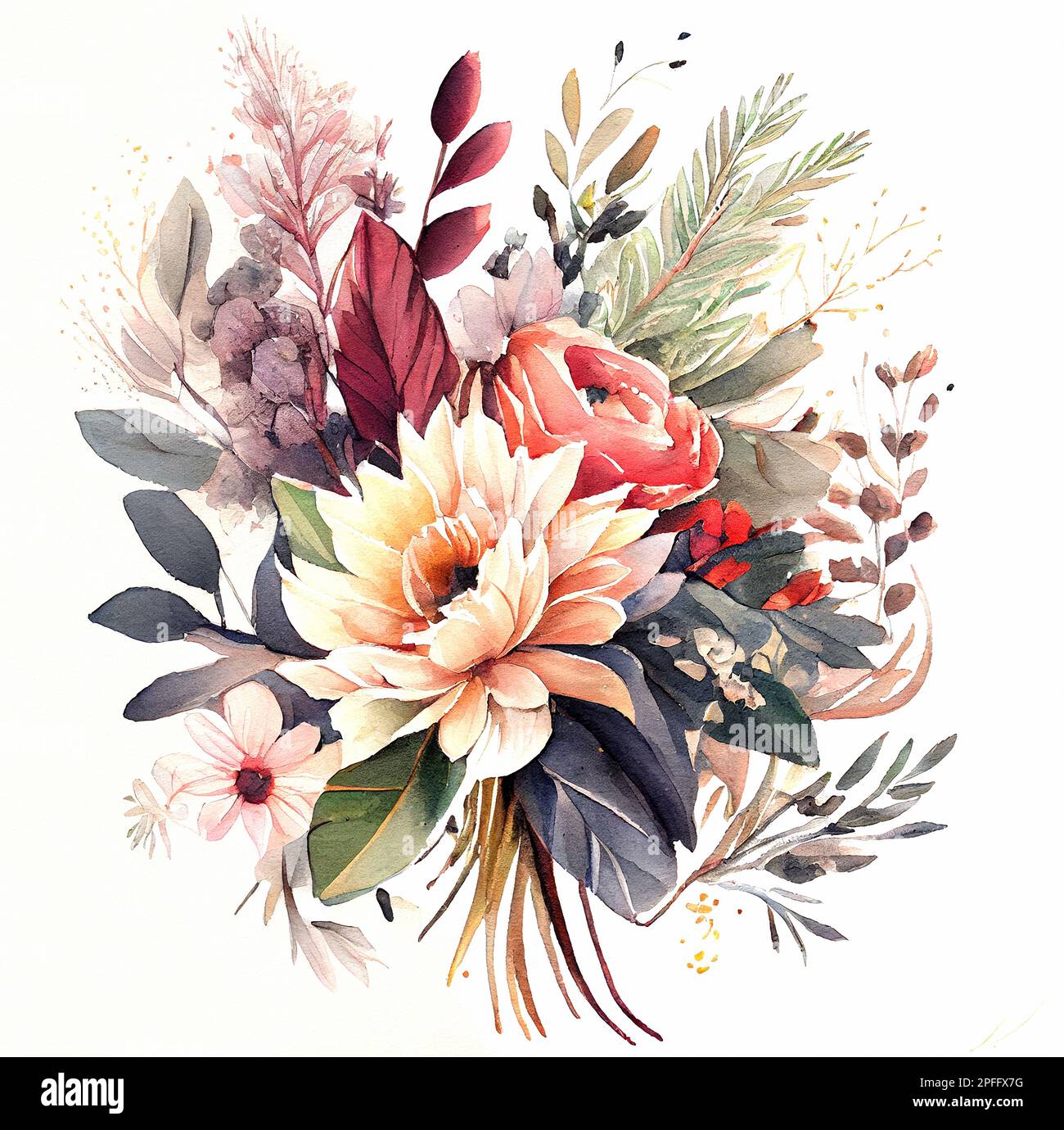 Bouquet in boho style watercolor hand drawn illustration Flowers Stock ...