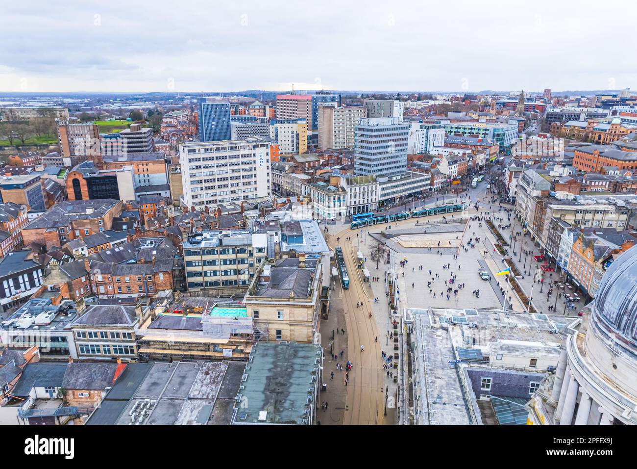 scenic drone shot of Old market Square in Nottingham, UK. people ...