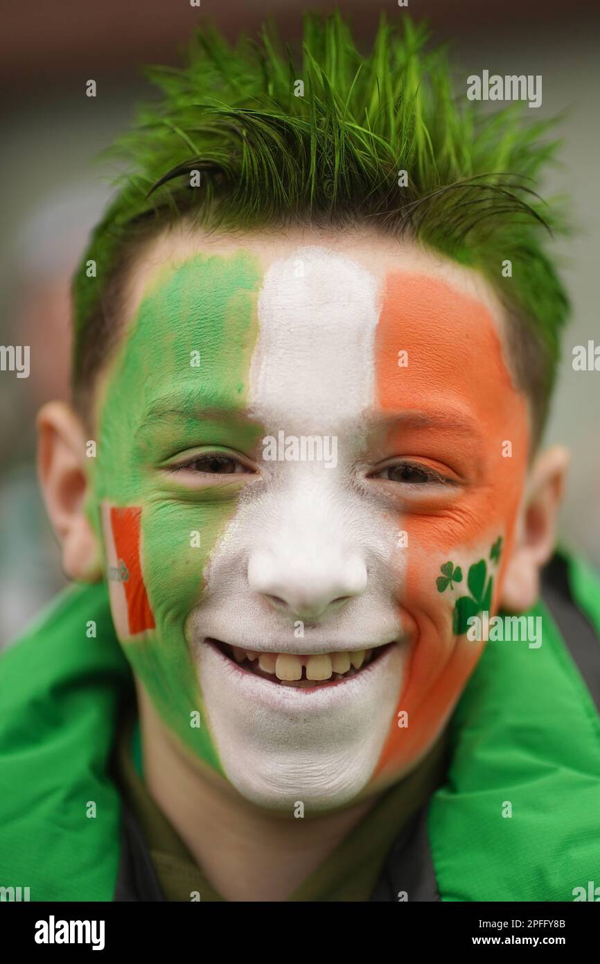 Jayden Delaney, 11, from Kildare, ahead of the St Patrick's Day Parade in Dublin. Picture date ...