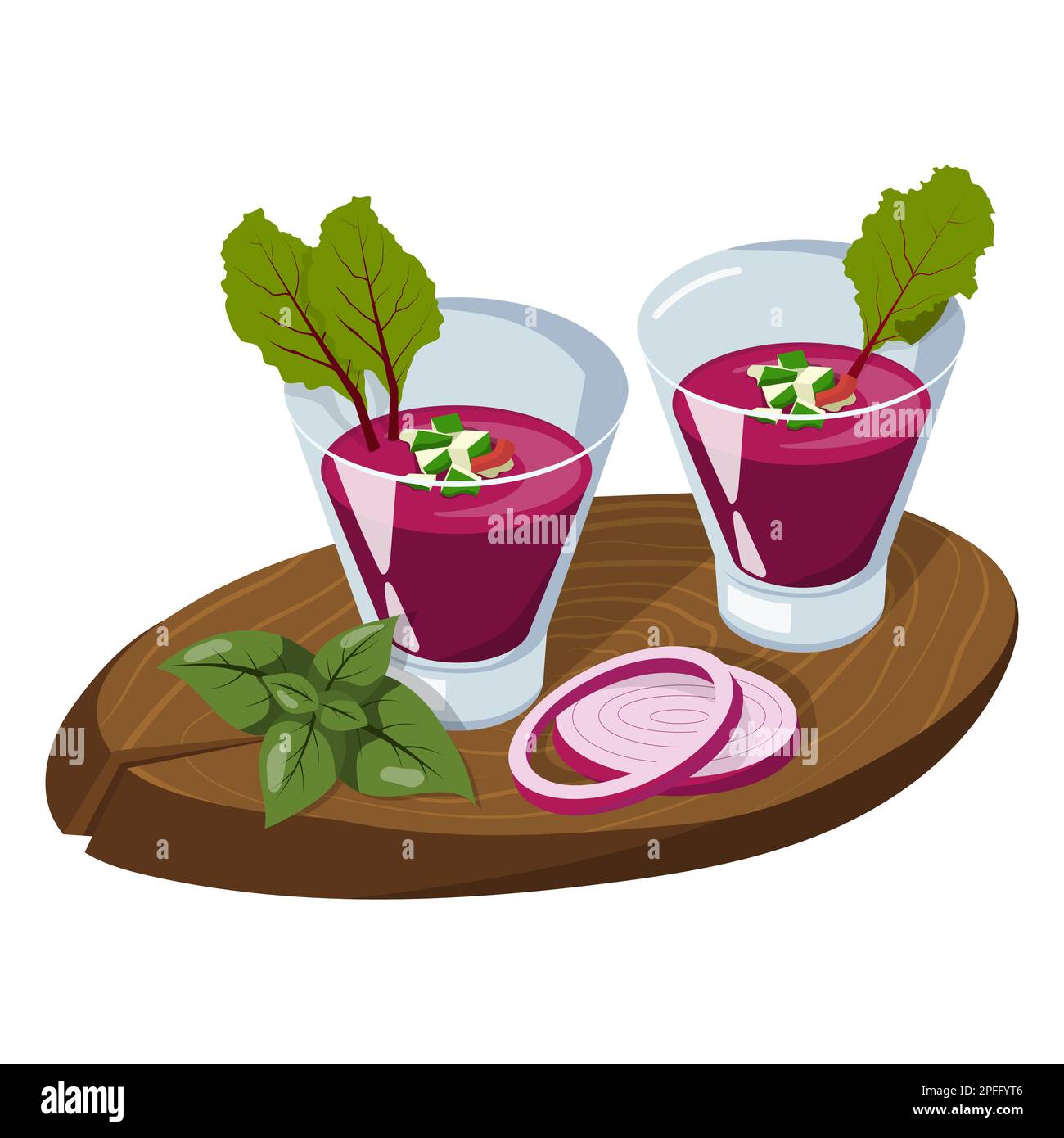 Beetroot gazpacho. Beautiful serving on a board with red onion rings ...