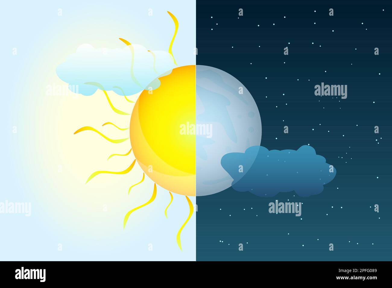 Half sun and half moon as vernal or autumnal equinox day. Day and night ...