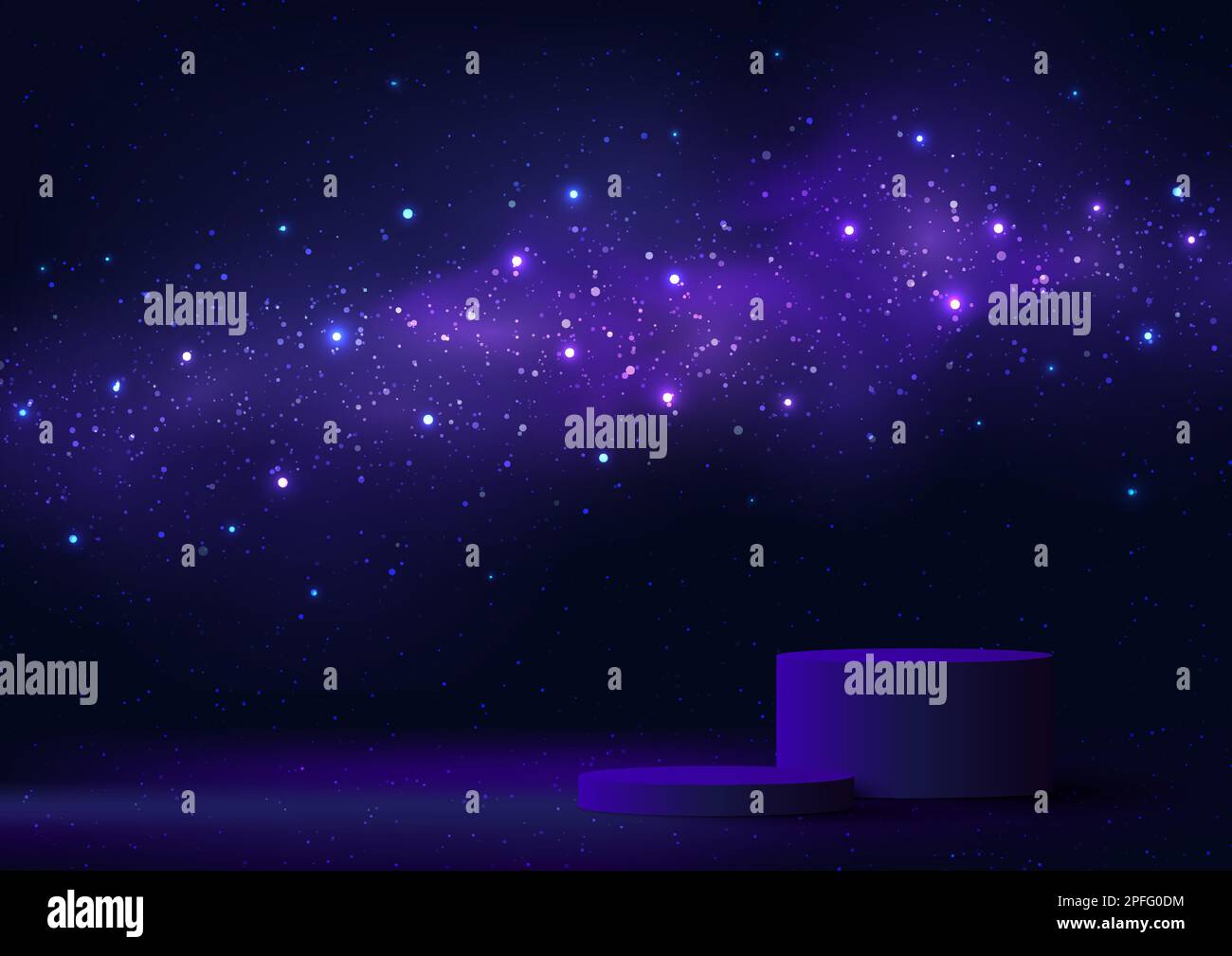 3D realistic empty blue podium stand with abstract blue night space ...