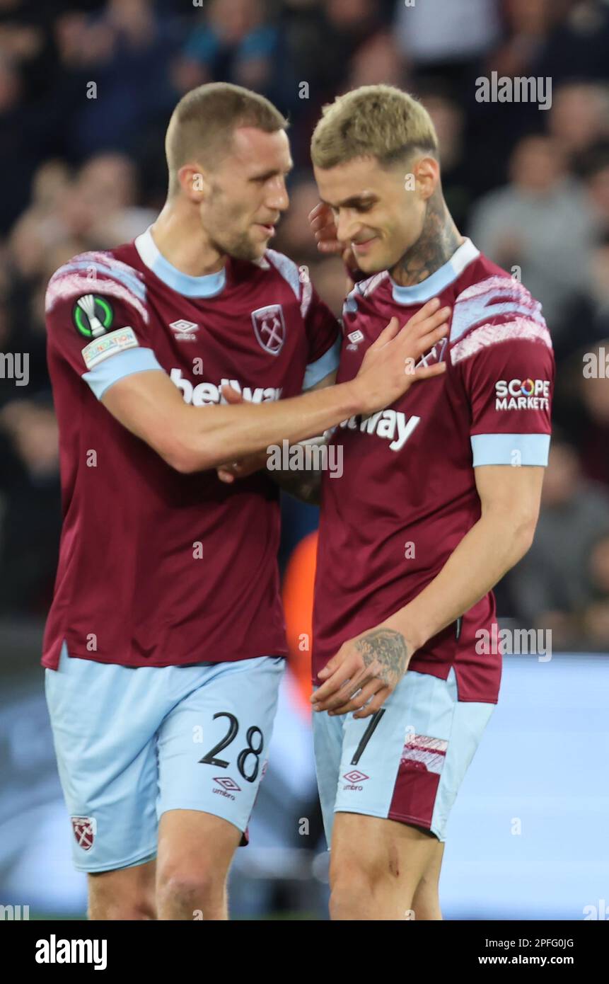 West Ham United's Gianluca Scamacca celebrates his goal with West Ham ...