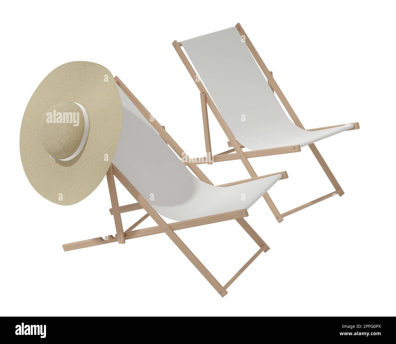 Lounge chairs with summer hat in isolated background, 3d rendering ...