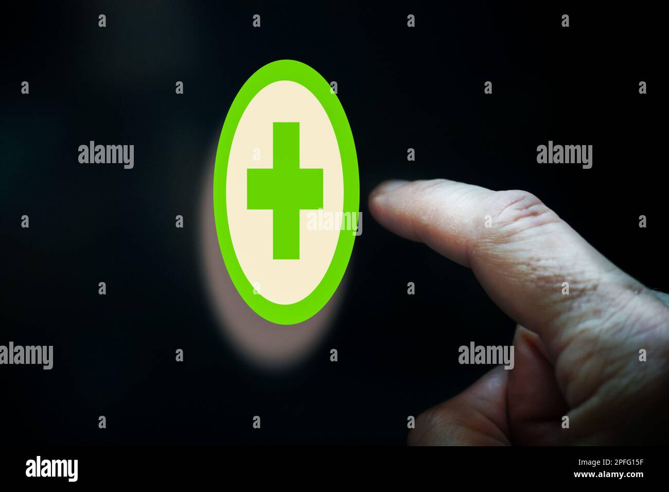 index finger pointing at health app, health insurance Stock Photo - Alamy
