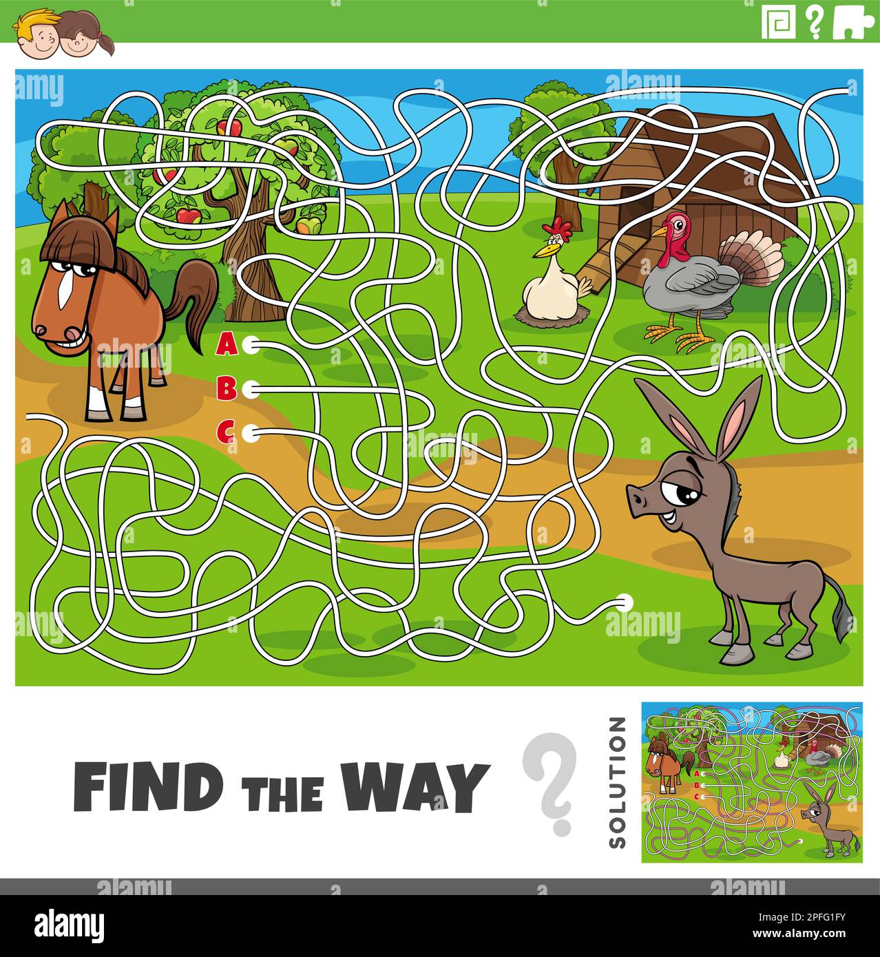 Cartoon illustration of find the way maze puzzle game with funny farm ...
