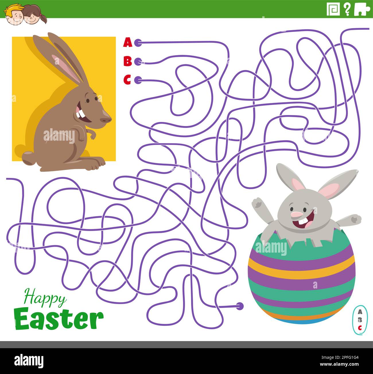 Cartoon illustration of lines maze puzzle game with Easter Bunny ...