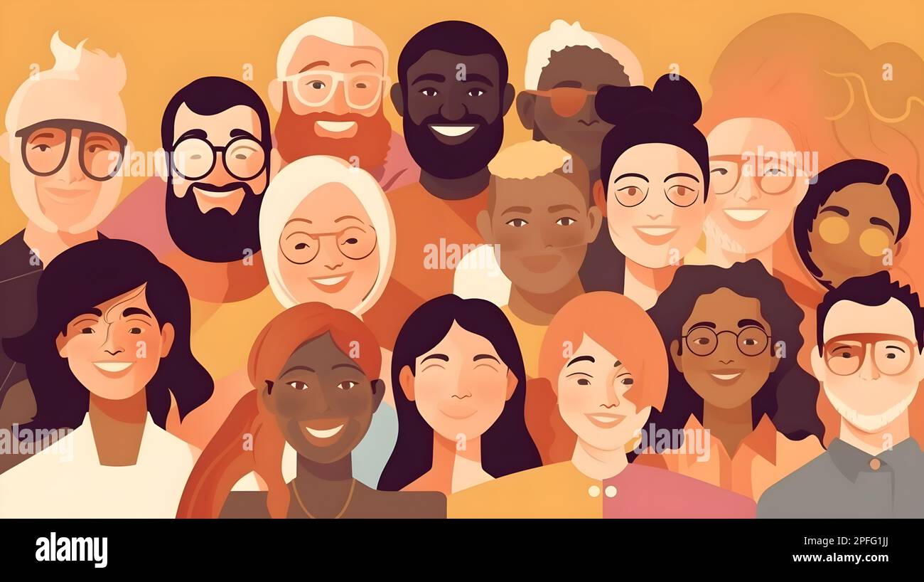 Group of diverse happy smiling disabled people and guide dog with an ...