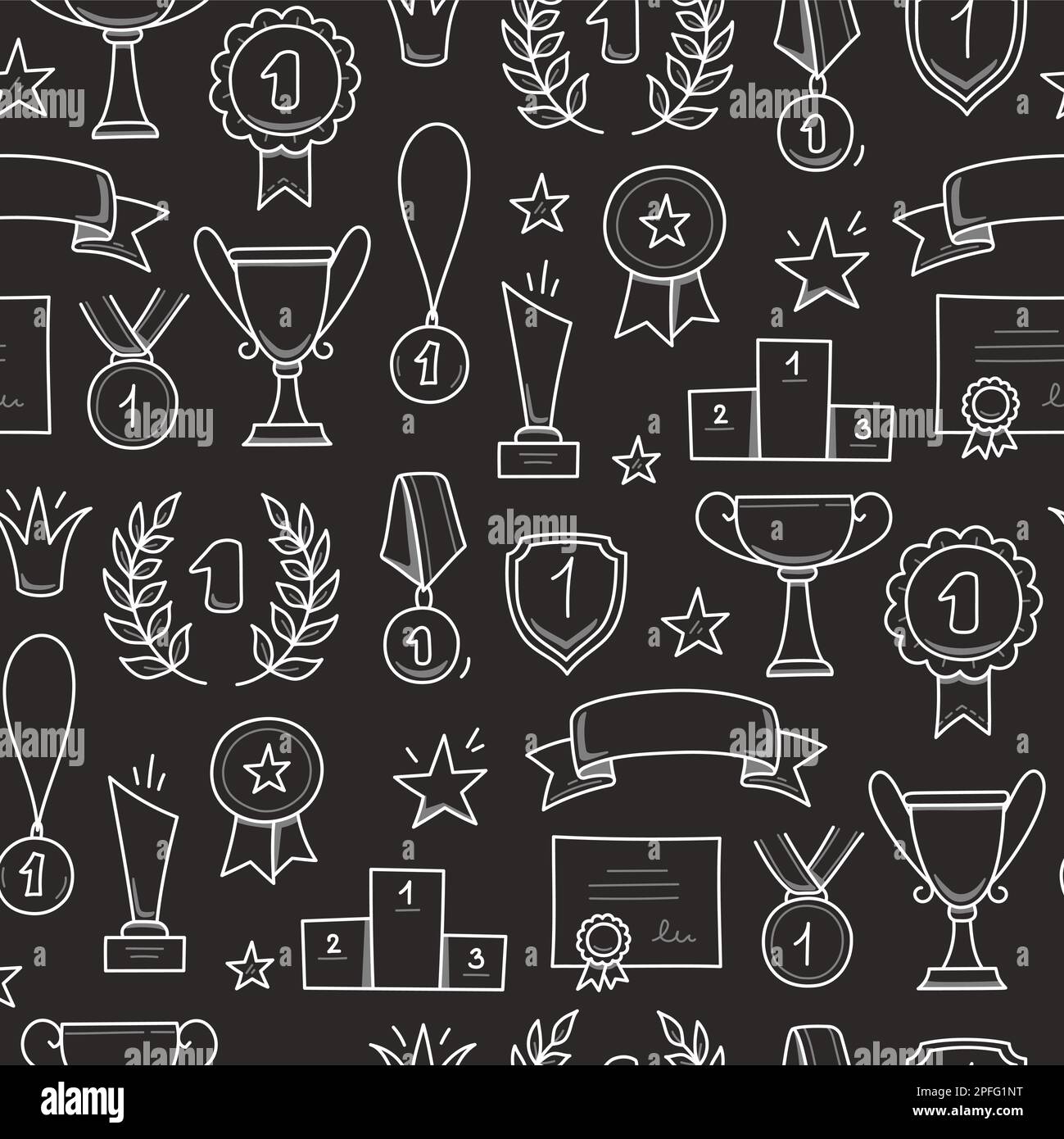 Award doodle hand drawn seamless pattern. Winner trophy cup, champion ...
