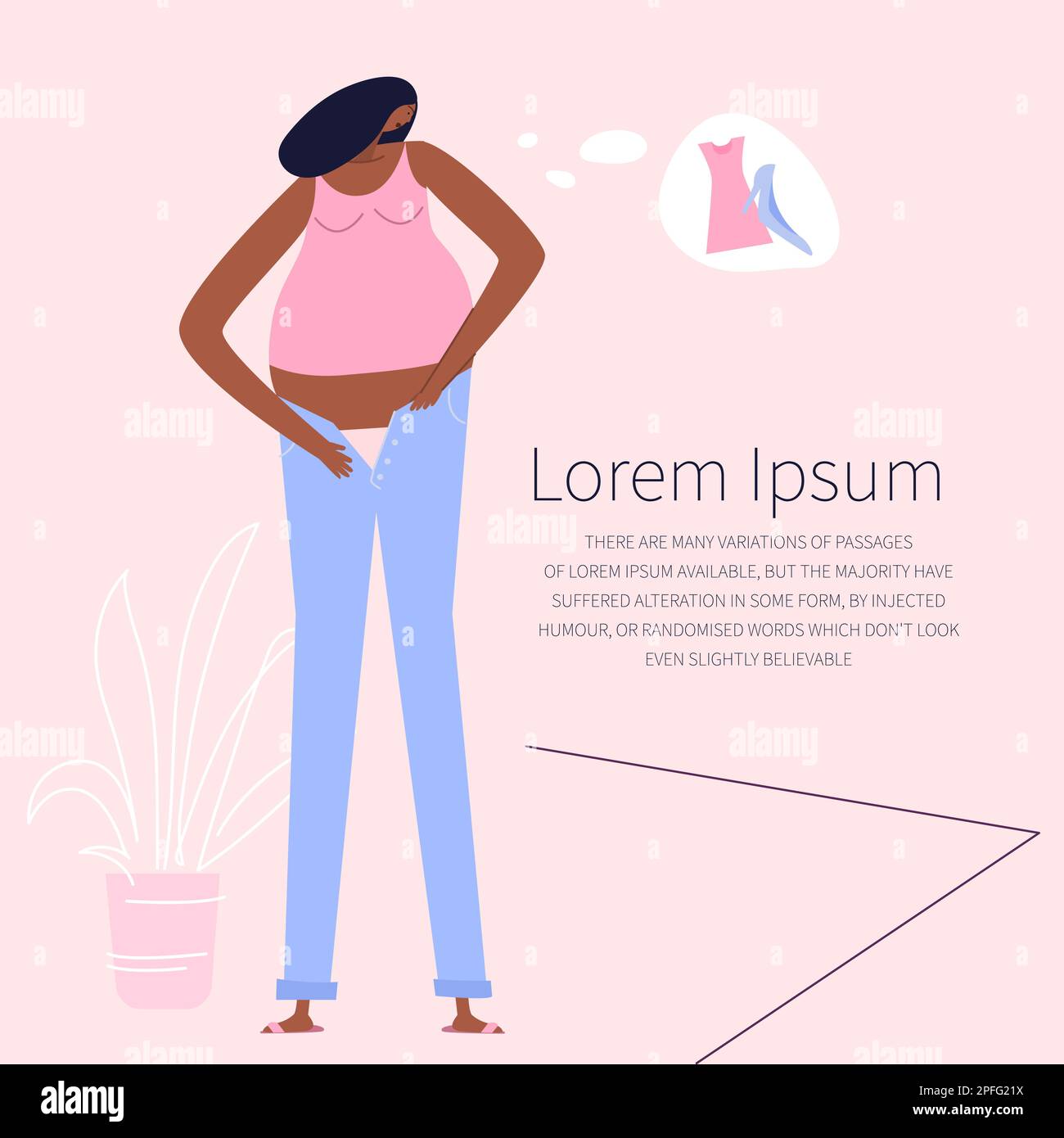 The pregnant woman trying to put on clothes that do not fit any longer ...