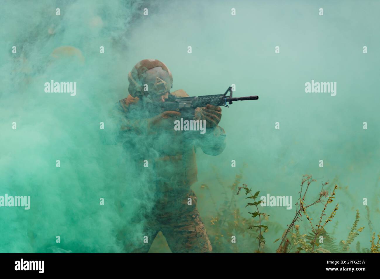 A modern warfare soldier on war duty in dense and dangerous forest ...