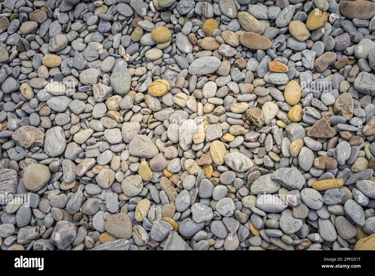 Set of rounded stones of different sizes and in gray tones on a beach ...