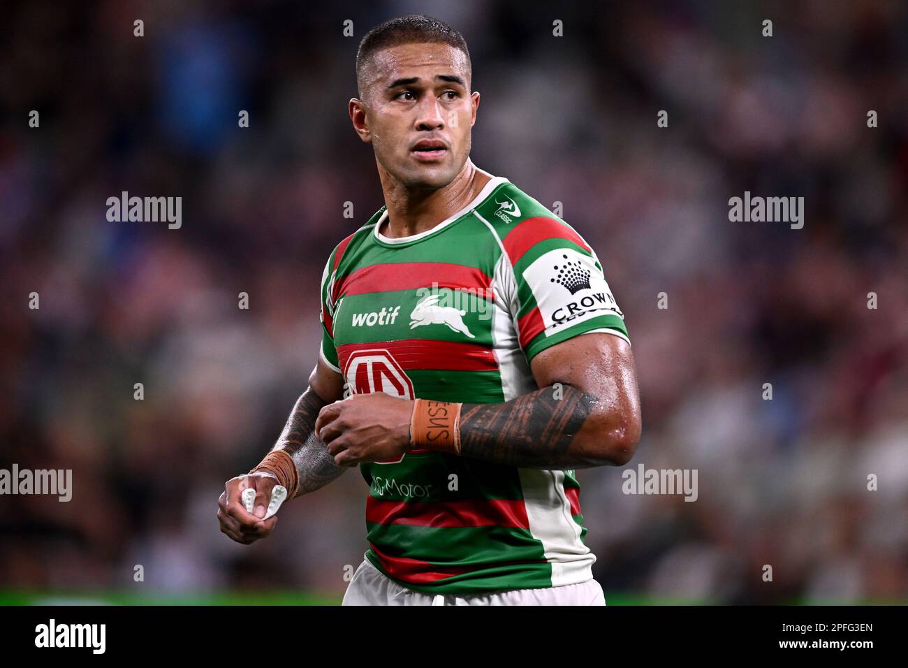 Michael Chee Kam of the Rabbitohs leaves the field after being sent to ...